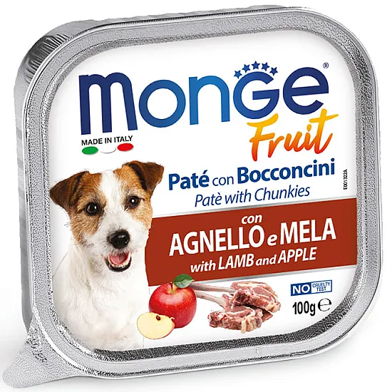 MONGE FRUIT – ПАСТЕТ И ХАПКИ С АГНЕШКО И ЯБЪЛКИ 100гр - Зоомаг.бг